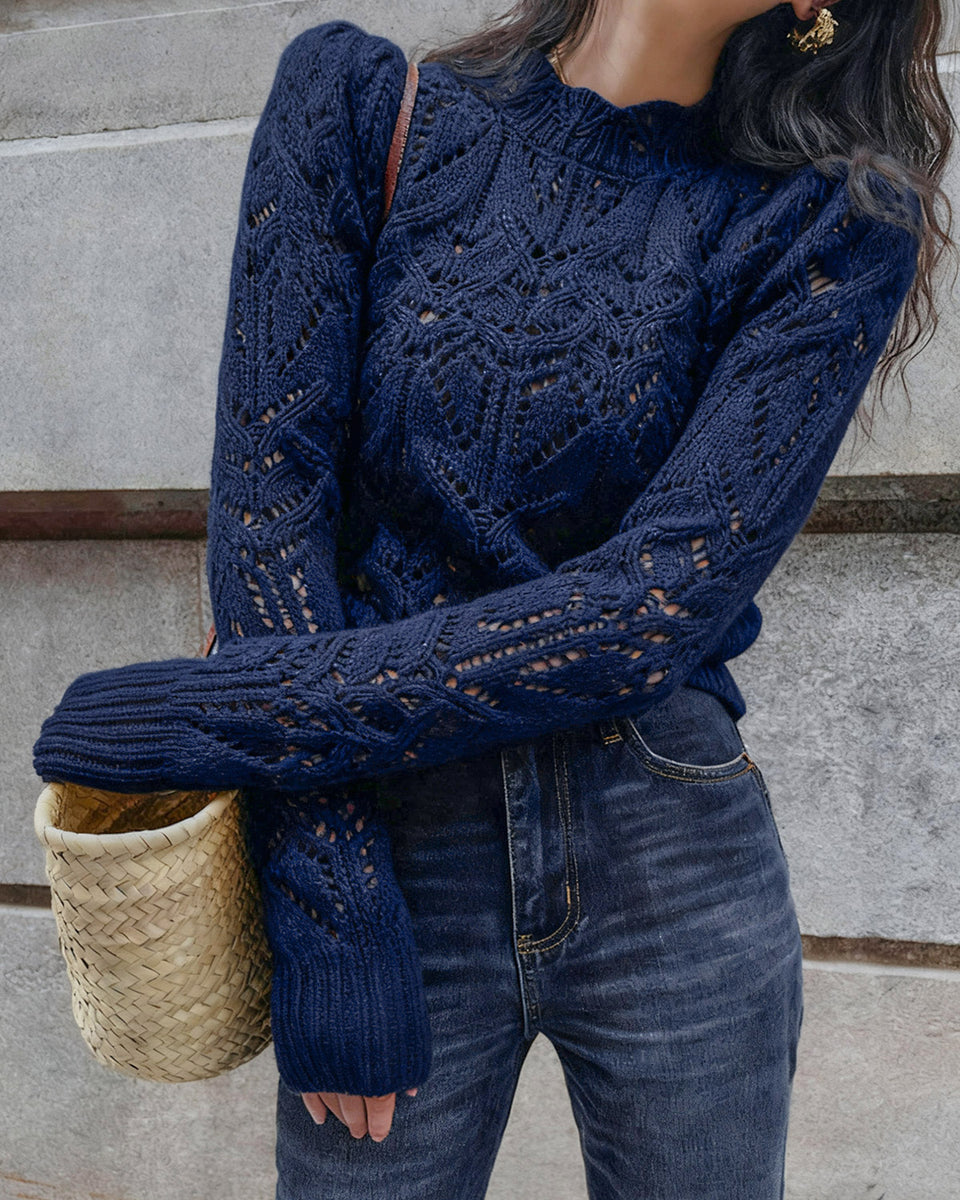 Blue Round Neck Cut Out Sweater & Reviews - Blue - Tops | RIHOAS