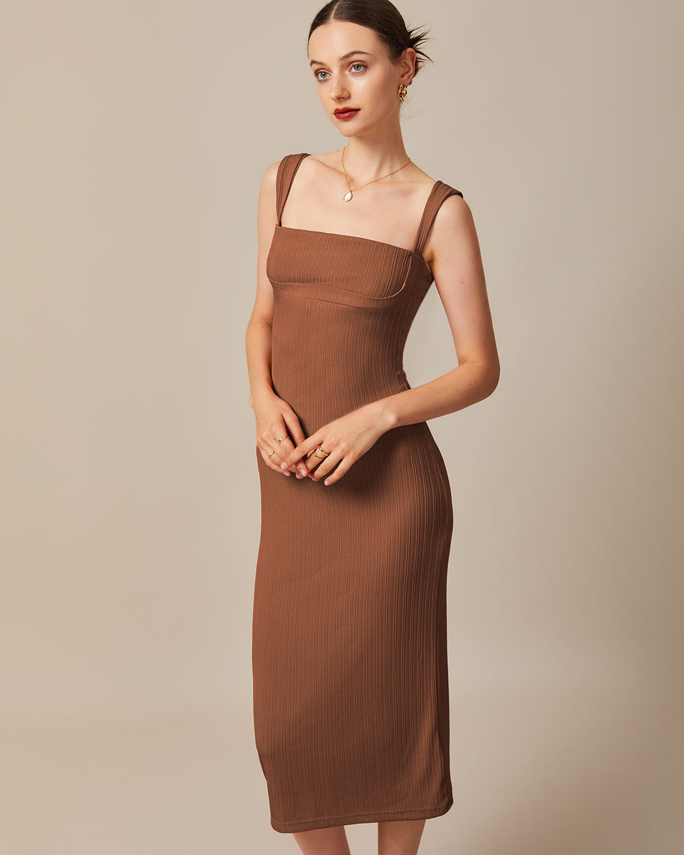 The Caramel Square Neck Ribbed Midi Dress - Caramel Ribbed Knit Bodycon ...