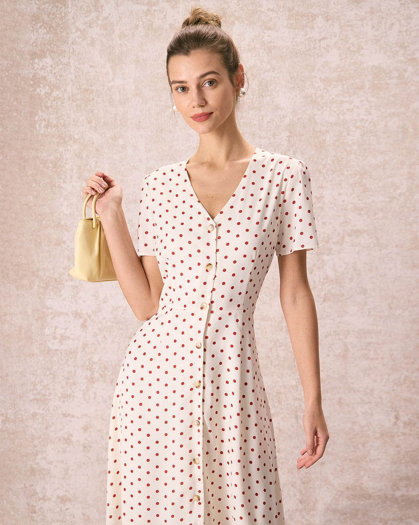 The Beige V Neck Polka Dot Button Midi Dress & Reviews - Beige ...