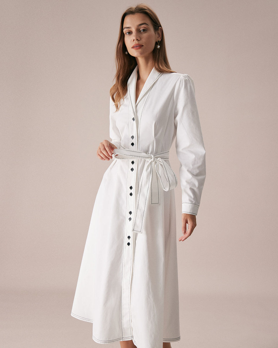 The White Lapel Contrast Stitch Midi Dress & Reviews - White - Dresses ...