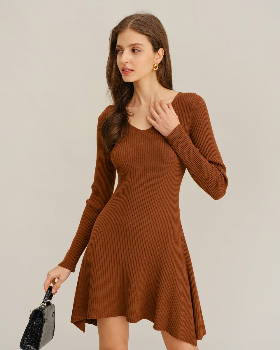 Caramel A-Line Pleated Sweater Dress & Reviews - Caramel - Dresses | RIHOAS