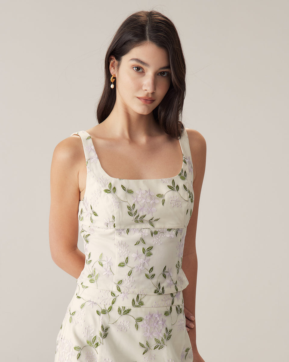 Beige Floral Slim Tank Top & Reviews - Beige - Tops | RIHOAS