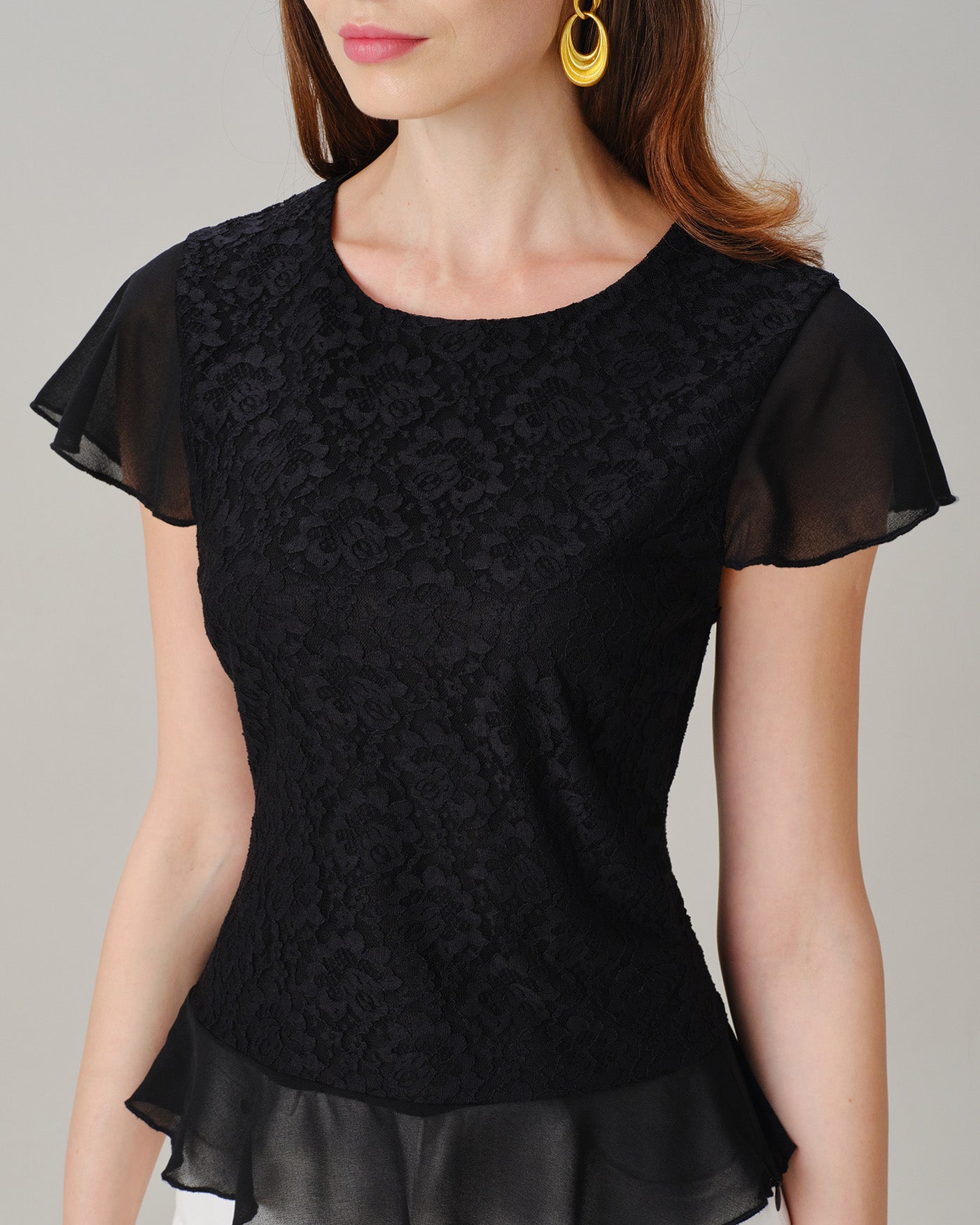 Black Round Neck Lace Splicing Tee & Reviews - Black - Tops | RIHOAS