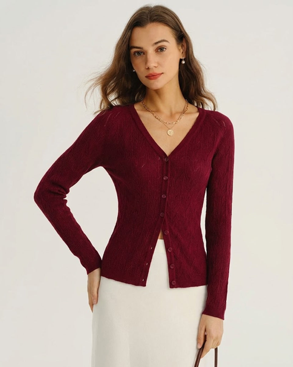 Wine Red V Neck Viscose Knit Cardigan & Reviews - Wine Red - Tops | RIHOAS