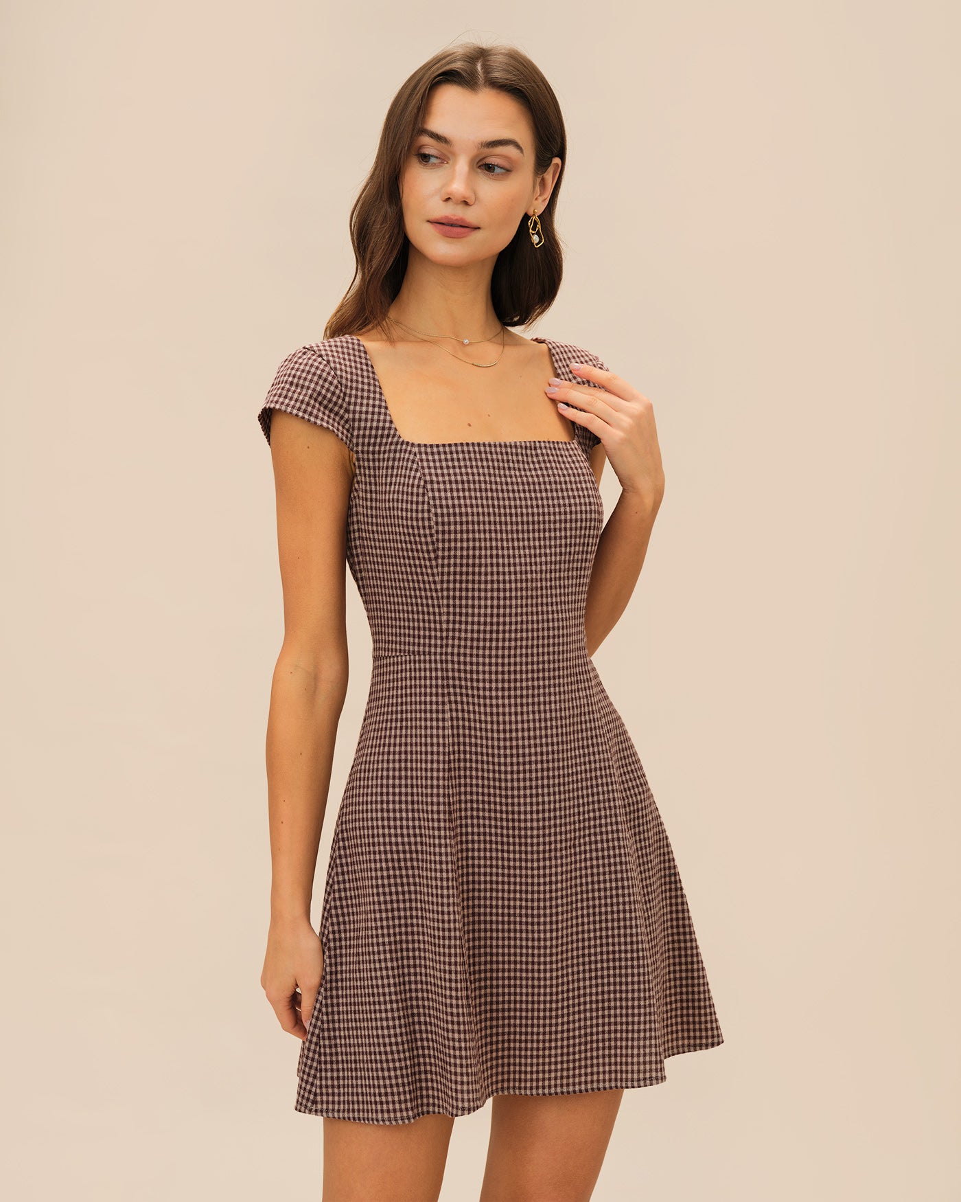 Brown Square Neck Plaid Mini Dress & Reviews - Brown - Dresses | RIHOAS