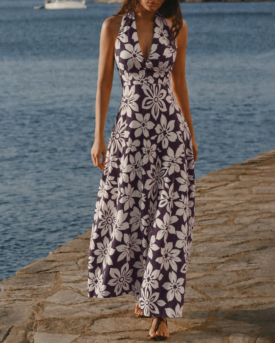 Coffee Halter Shirred Floral Maxi Dress & Reviews - Coffee - Dresses ...
