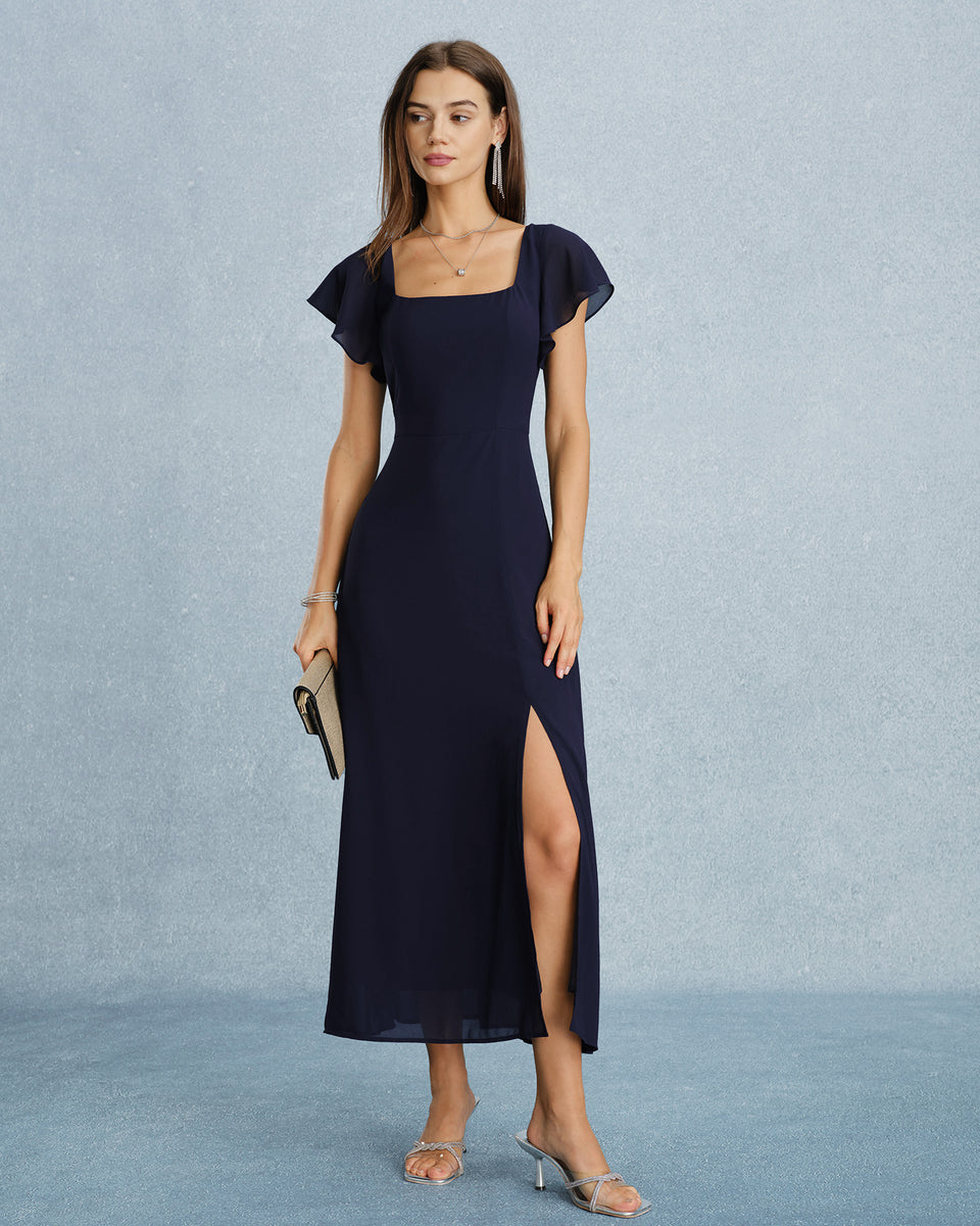 Navy Square Neck Slit Chiffon Maxi Dress & Reviews - Navy - Dresses ...