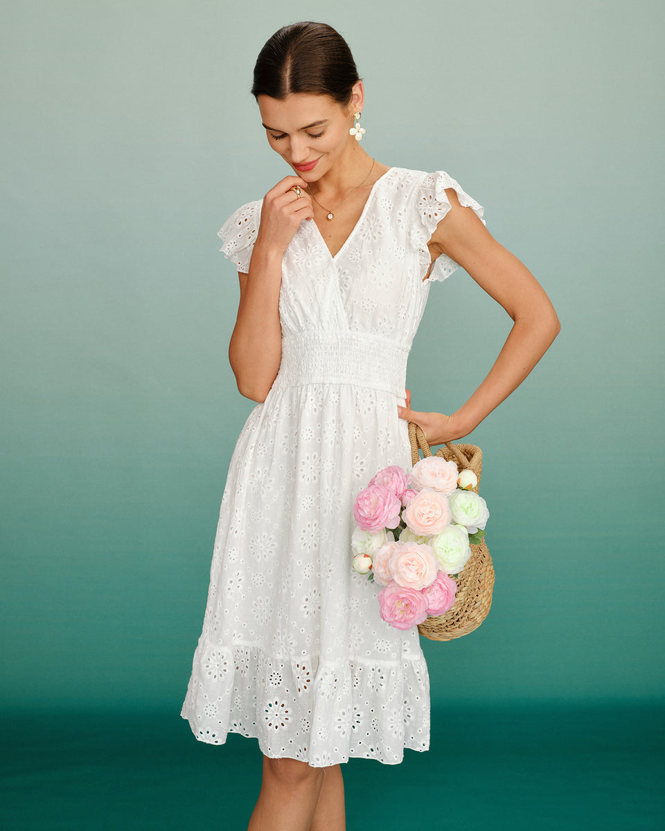 White V Neck Shirred Midi Dress & Reviews - White - Dresses | RIHOAS