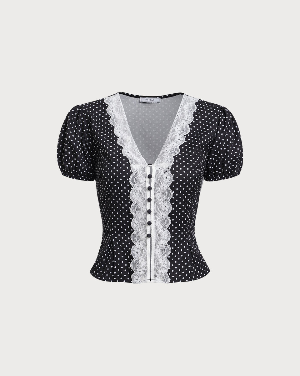 Black Polka Dot Lace Trim Blouse & Reviews - Black - Tops | RIHOAS