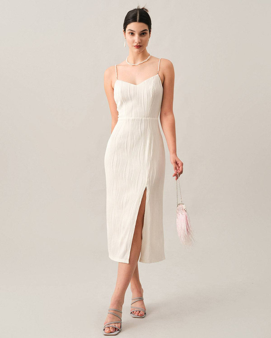 Women's Elegant Wave Textured Pearl Strap Midi Dress for Formal ...