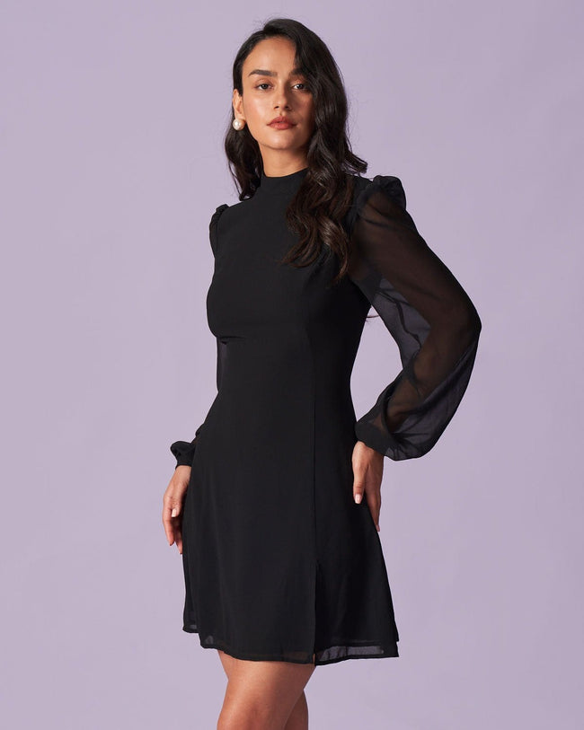 The Black Stand Collar Sheer Slit Mini Dress - Slit Long Sleeve Sheer A ...